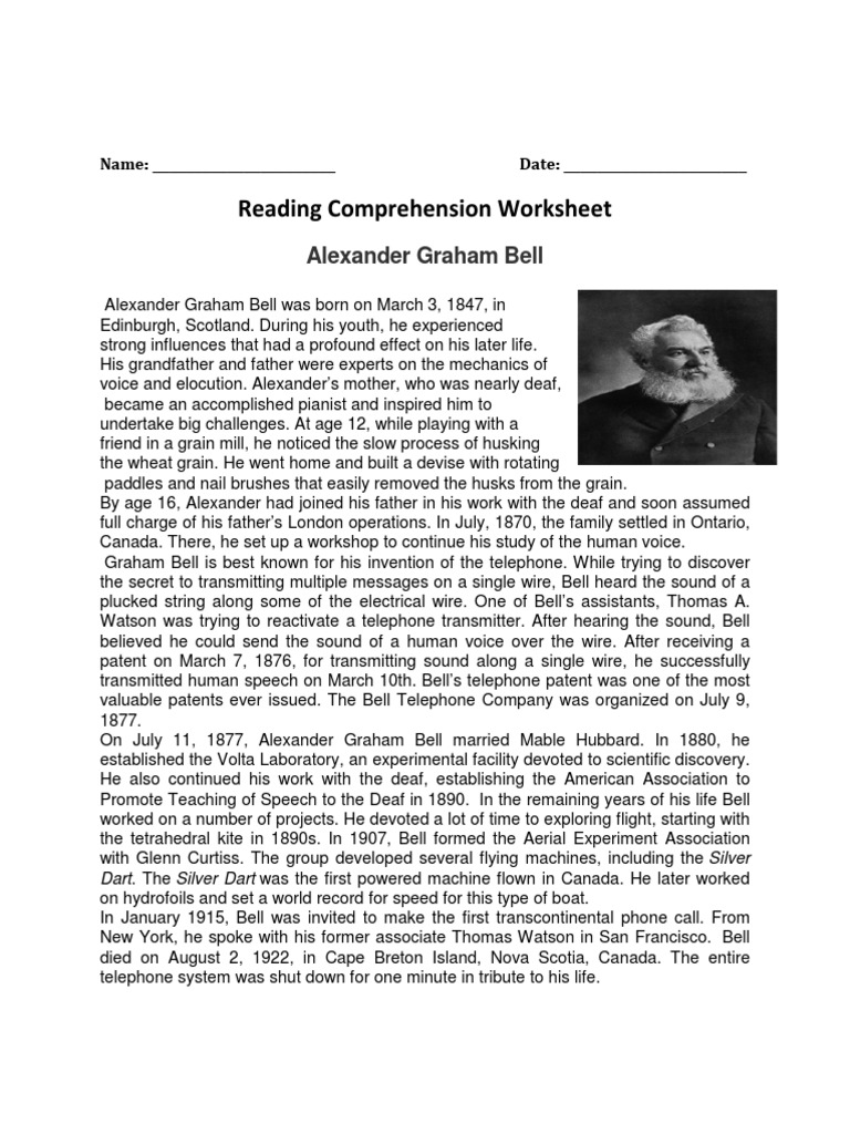 Reading Comprehension Worksheet: Alexander Graham Bell | PDF ...