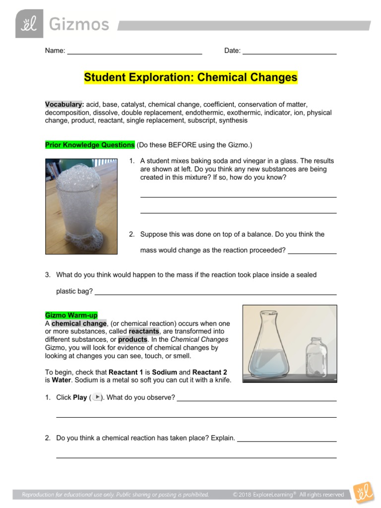 Student Exploration: Chemical Changes | PDF | Chemical Reactions ...