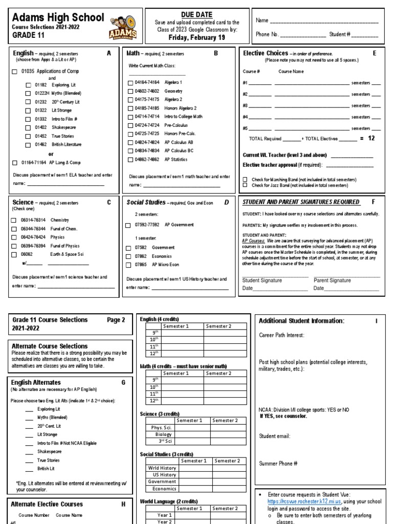 11th Grade Schedule Card | PDF