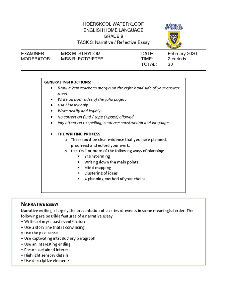 HS Waterkloof English Home Language Grade 8 Narrative/Reflective Essay ...
