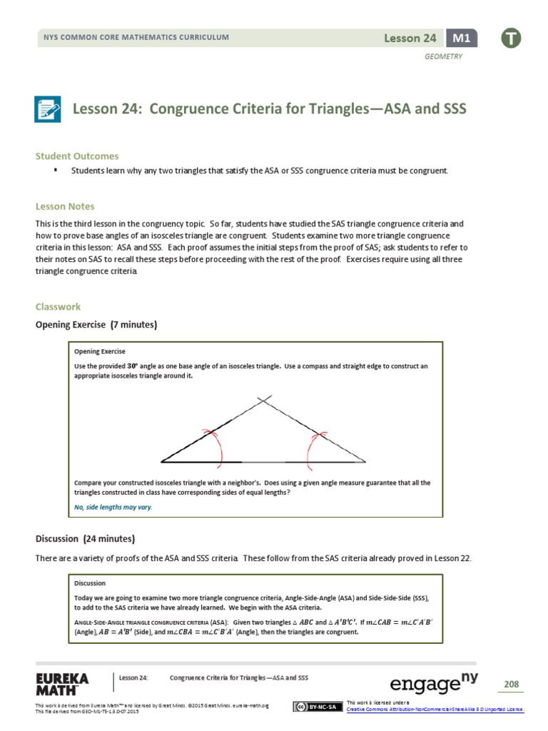 Lesson 24: Congruence Criteria For Triangles-ASA and SSS: Student ...
