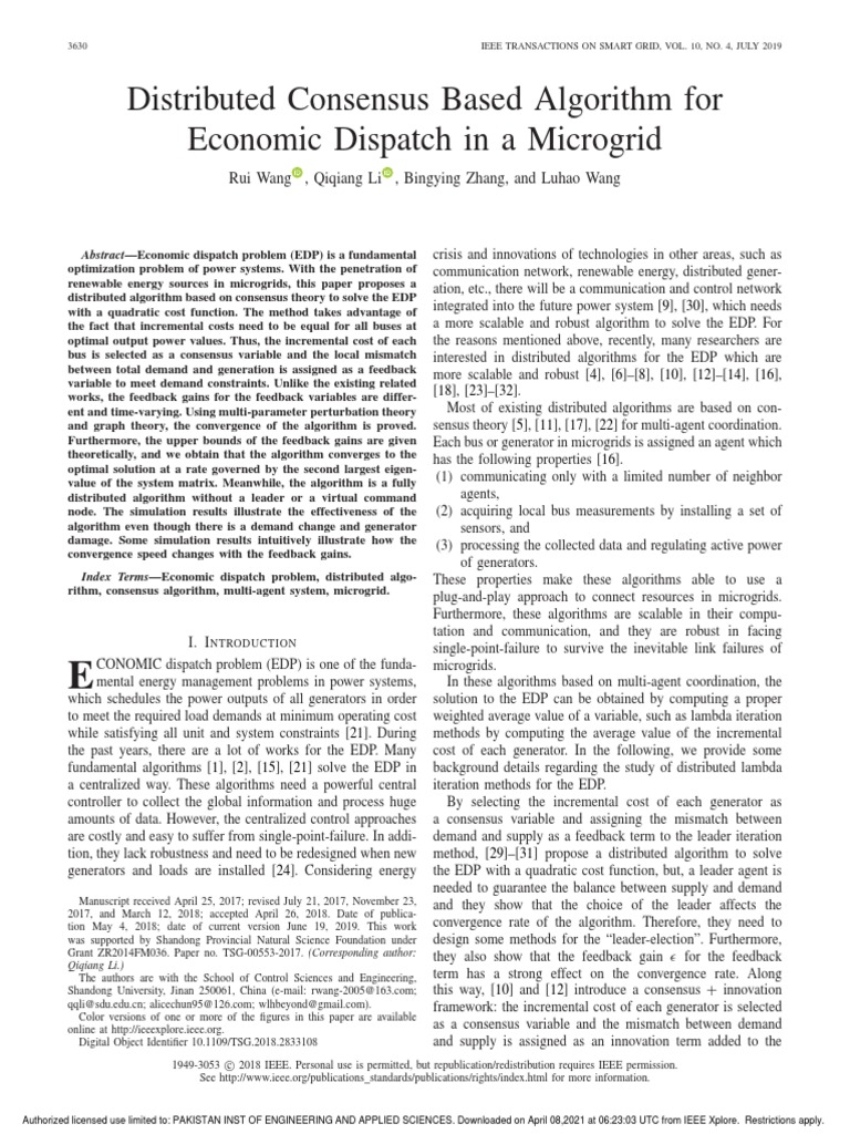 Distributed Consensus Based Algorithm For Economic Dispatch In A Microgrid Pdf Eigenvalues