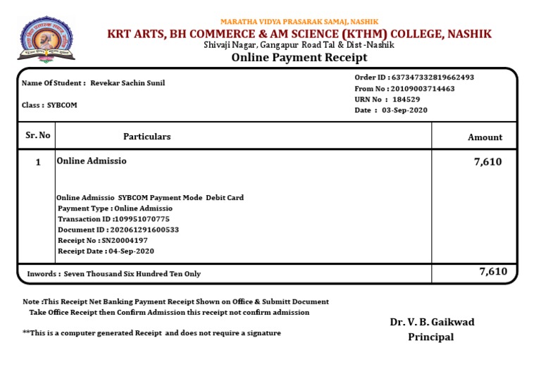 KRT Arts, BH Commerce & Am Science (KTHM) College, Nashik: Online Payment Receipt | PDF