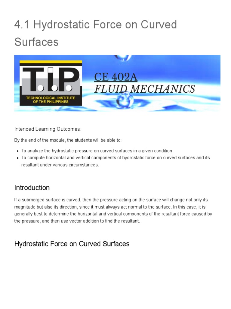 4.1 Hydrostatic Force On Curved Surfaces - CE 309-CE22S2 - Fluid Mechanics | PDF | Pressure ...