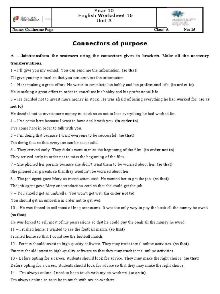 Connectors of Purpose: Year 10 English Worksheet 16 Unit 3 | PDF | Business