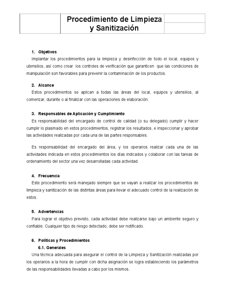Procedimiento de Limpieza y Sanitizacion | PDF
