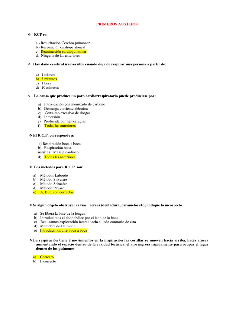 Banco de Preguntas Primeros Auxilios | PDF | Reanimación cardiopulmonar | Herida