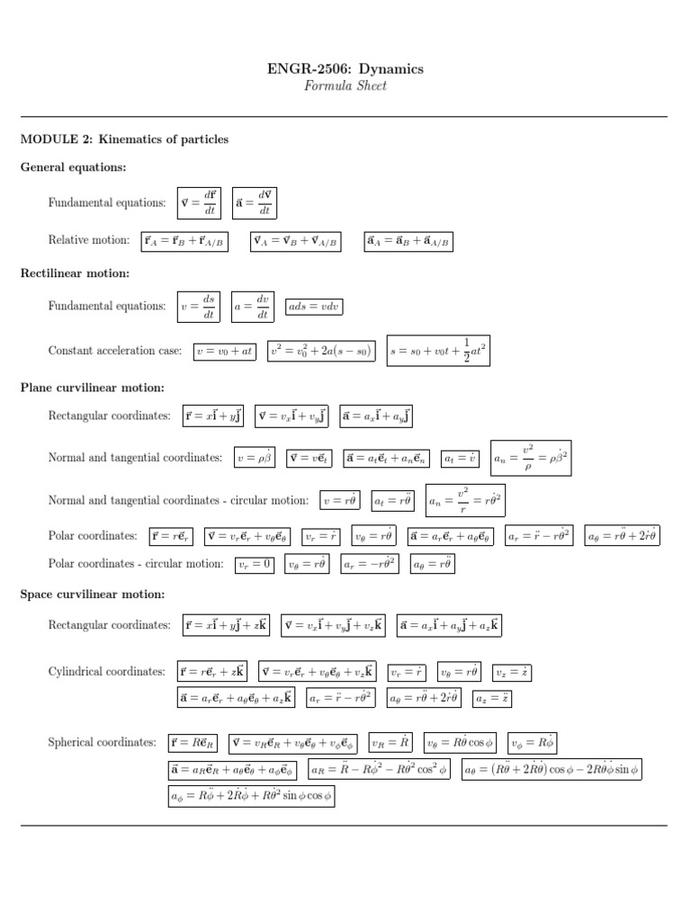 ENGR-2506: Dynamics Formula Sheet: A B A/B A B A/B A B A/B | PDF ...