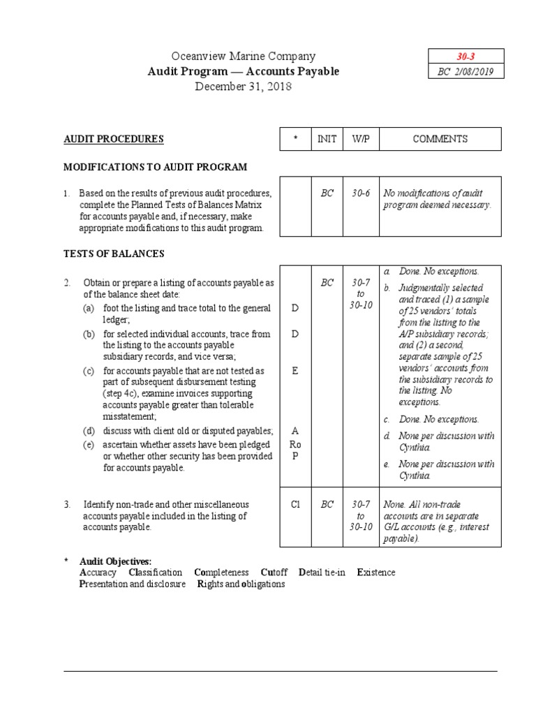 Oceanview Marine Company Audit Programs 30-3, 30-4, 30-5 | PDF ...