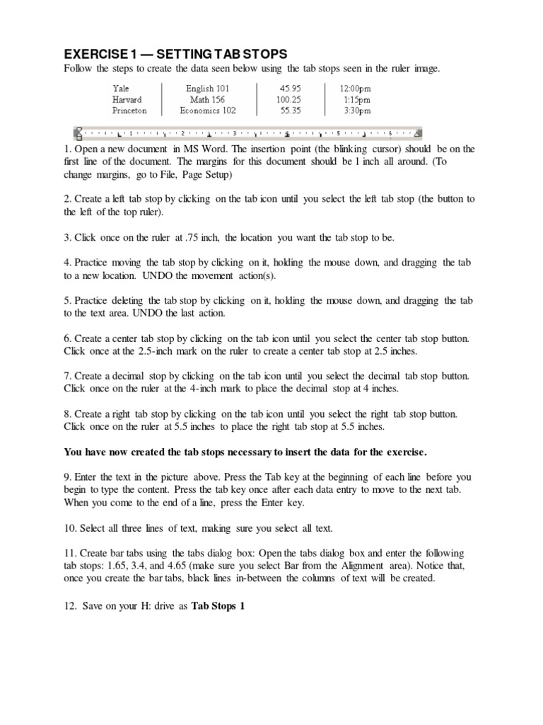 Exercise 1 - Setting Tab Stops: You Have Now Created The Tab Stops ...