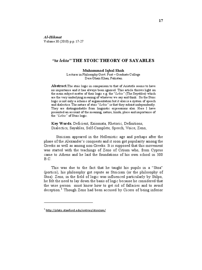 Ta Lekta - The Stoic Theory of | PDF | Stoicism | Logic