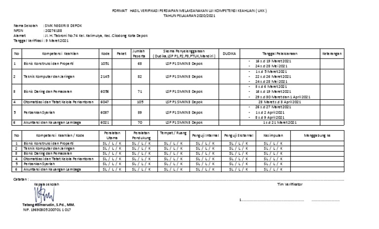 Format Rekap Hasil Verifikasi UKK Mandiri | PDF