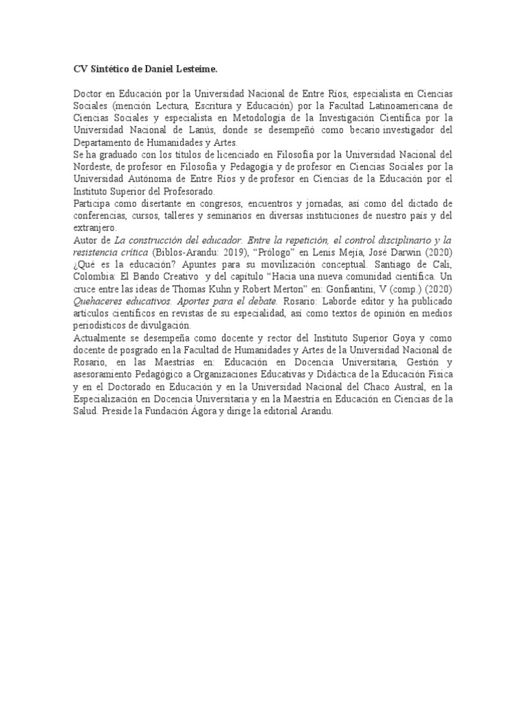 CV Sintético de Daniel Lesteime | PDF | Ciencias sociales | Religión y espiritualidad