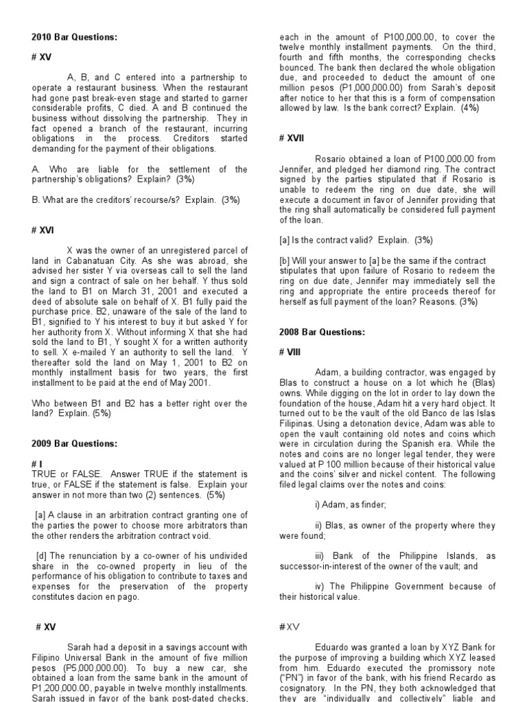 Bar Exam Questions Insights | PDF | Foreclosure | Private Law
