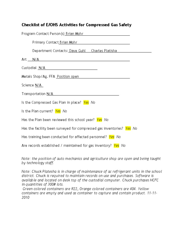 Checklist of E/OHS Activities For Compressed Gas Safety | PDF | Argon ...