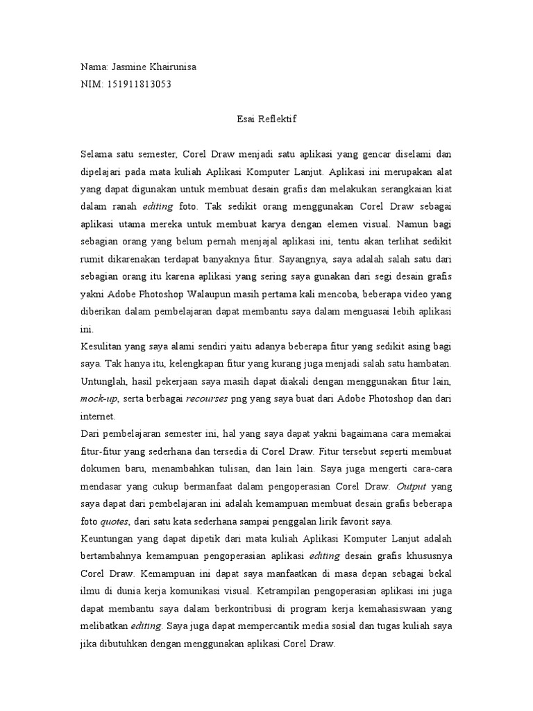 Esai Reflektif by Jasmine Khairunisa | PDF