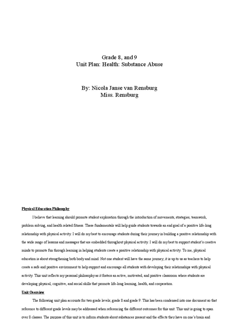 Grade 8-9 Substance Abuse Unit Plan | PDF | Educational Assessment ...