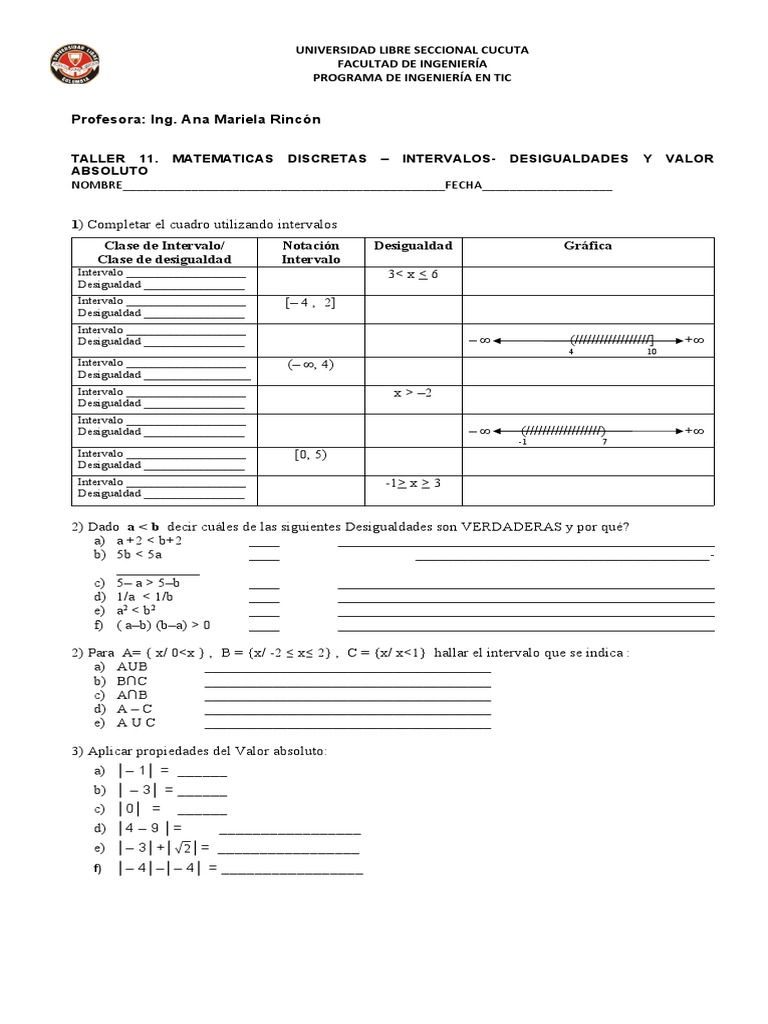Taller 11 Intervalos - Desigualdades - Valor Absoluto | PDF | Intervalo (Matemáticas ...
