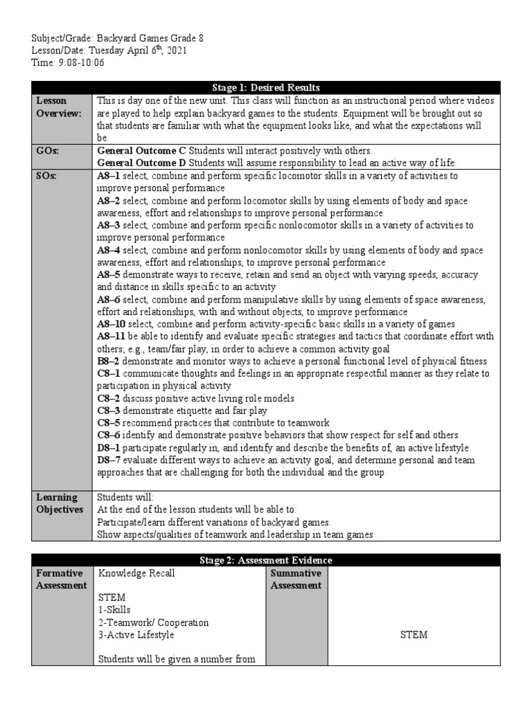 Backyard Games Introduction Lesson | PDF | Educational Assessment ...