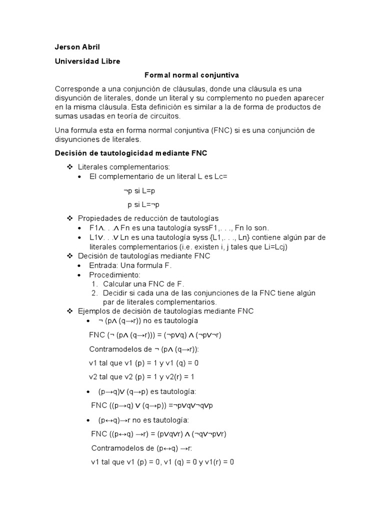Formal Normal Conjuntiva y Disyuntiva | PDF | Sintaxis (Lógica ...