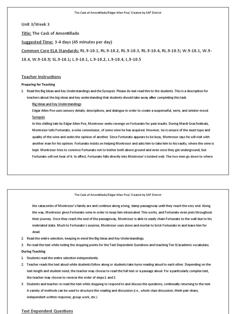 The Cask of Amontillado. Lesson - Anthology | PDF | Cognition