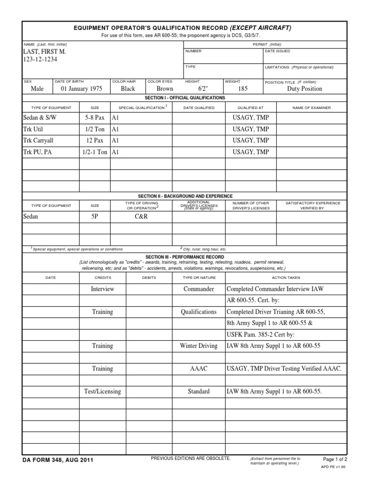 Equipment Operator'S Qualification Record: For Use of This Form, See AR ...