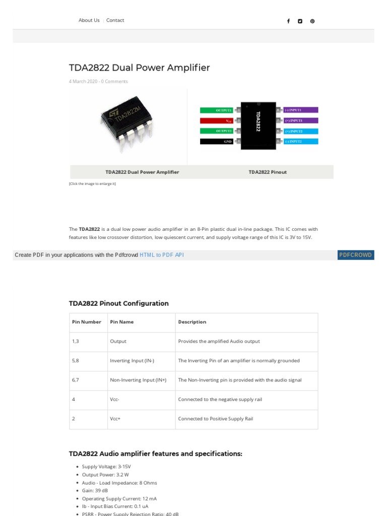 TDA2822 Dual Power Ampli Er: About Us Contact | PDF | Microcontroller | Operational Amplifier