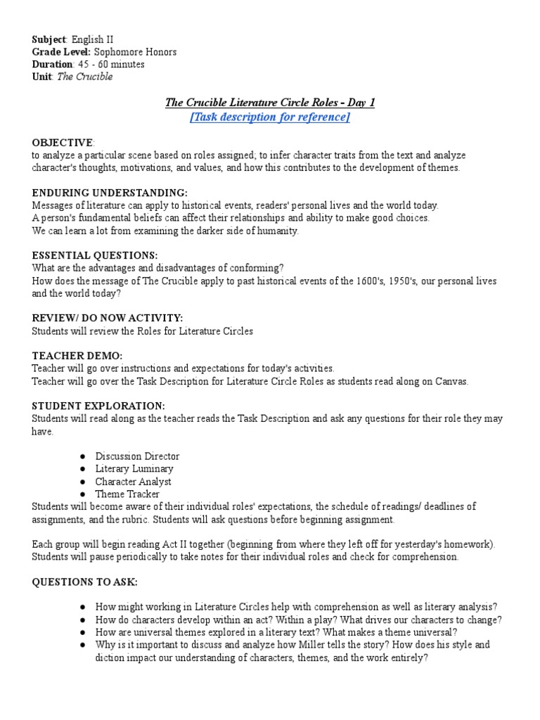 Lesson Plan The Crucible Literature Circle Roles - Day 1 | PDF ...