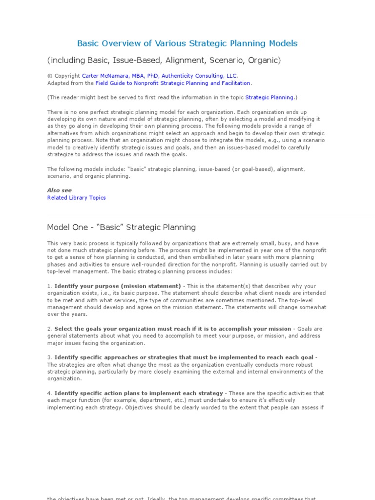 Basic Overview of Various Strategic Planning Models | PDF | Goal | Swot ...