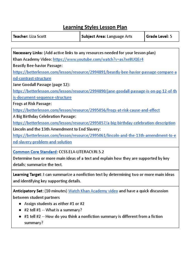 Learning Styles Lesson Plan | PDF | Lesson Plan | Applied Psychology