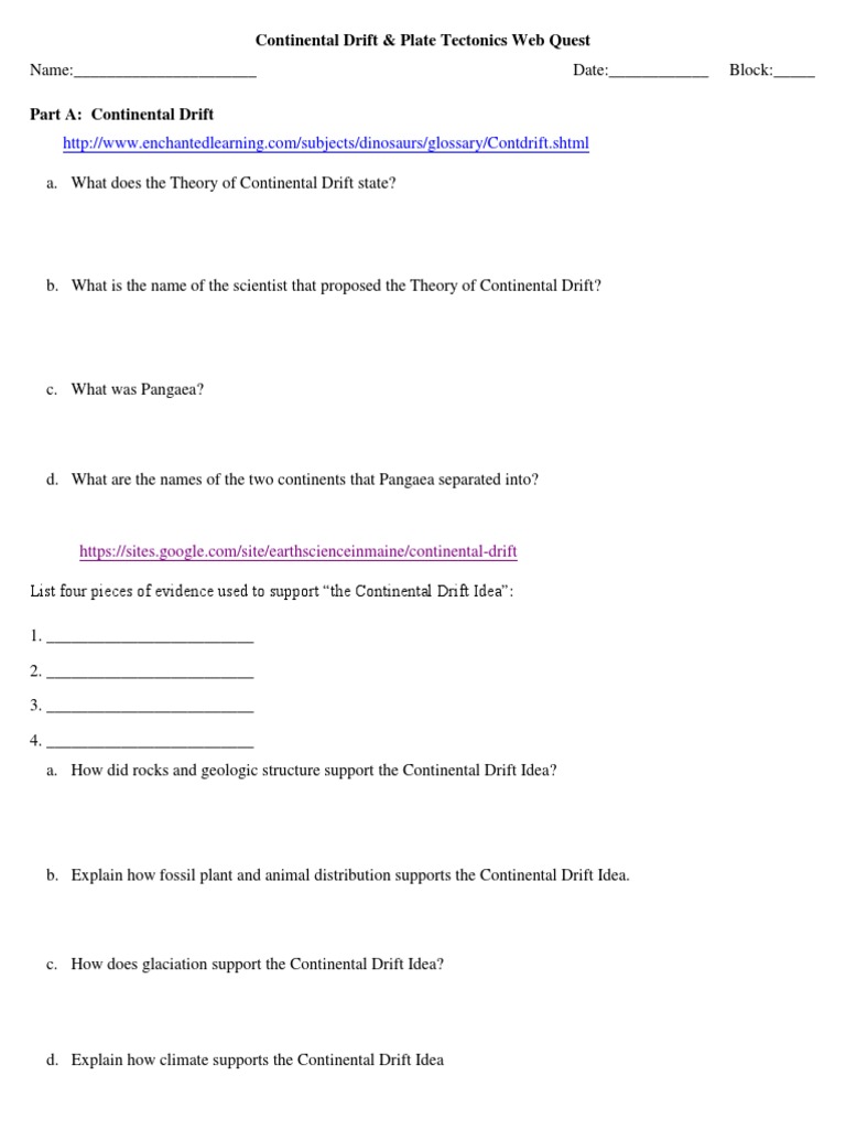 Continental Drift & Plate Tectonics Web Quest-1 | PDF | Plate Tectonics ...