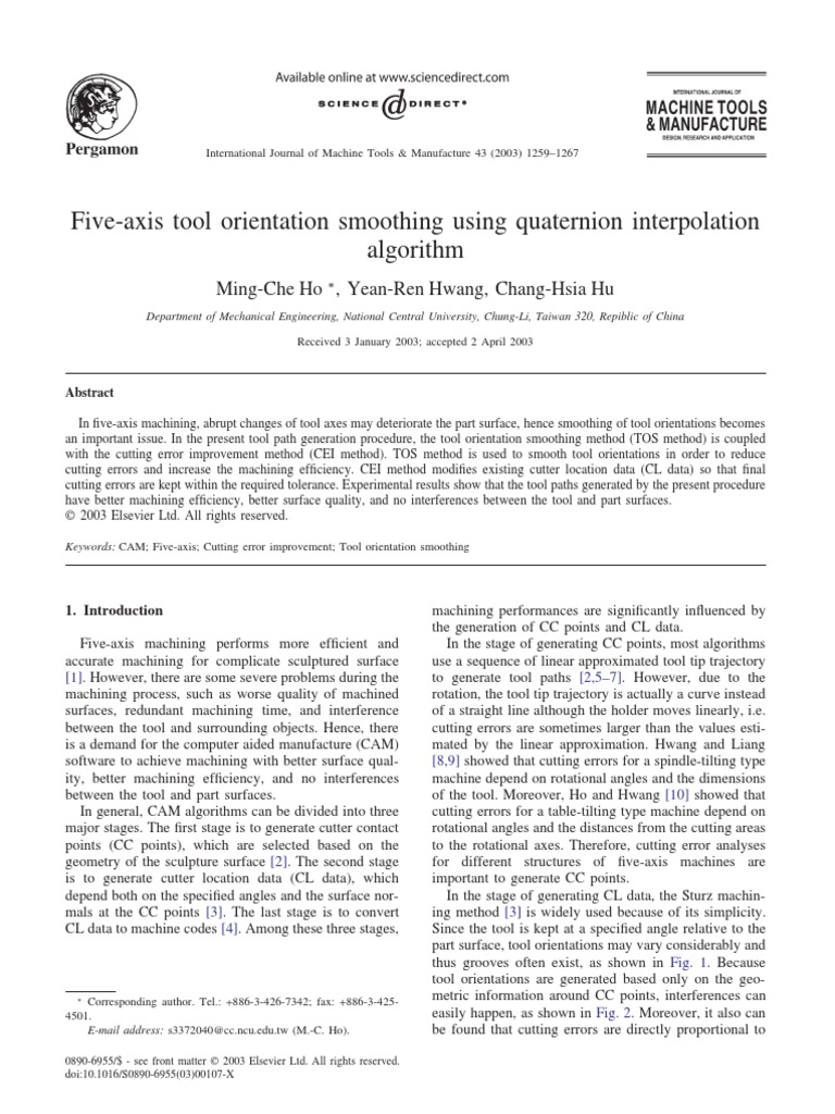 Five-Axis Tool Orientation Smoothing Using Quaternion Interpolation Algorithm | PDF | Machining ...