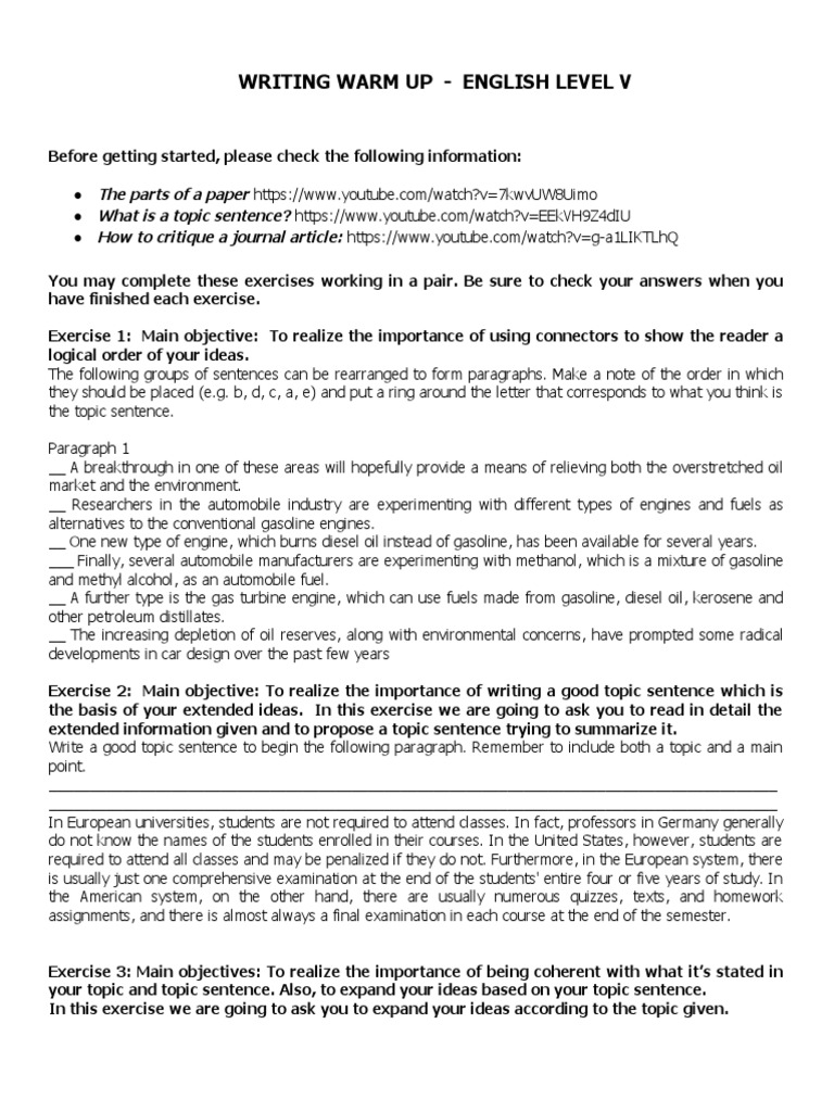 Writing Warm Up - English Level V: The Parts of A Paper What Is A Topic ...