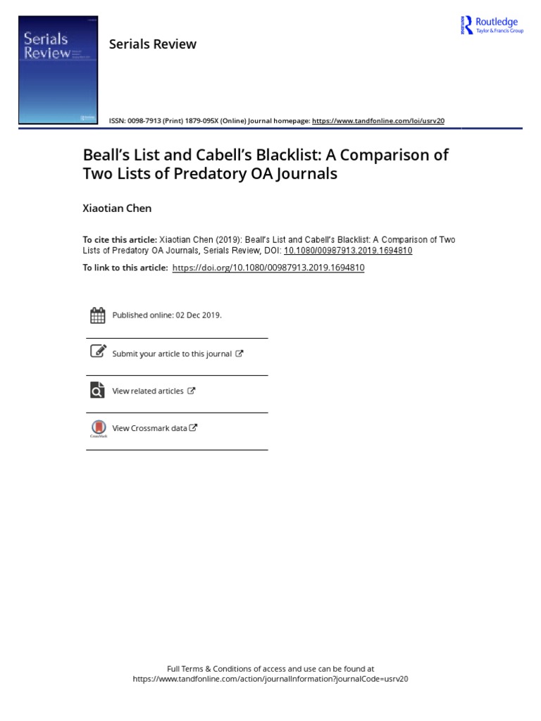 Beall's List and Cabell's Blacklist: A Comparison of Two Lists of ...