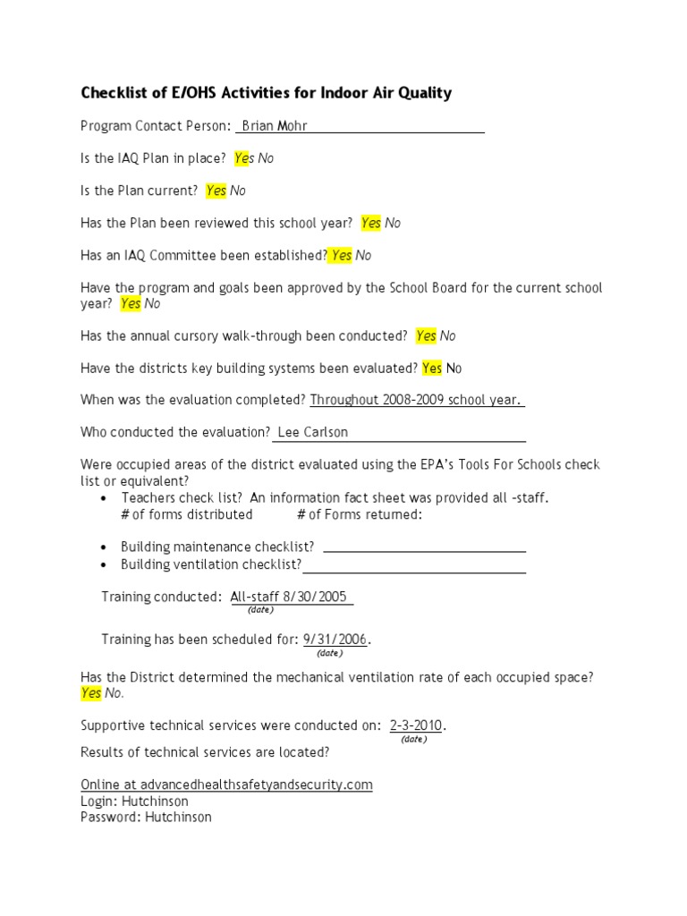 Indoor Air Quality Checklist for Schools | PDF