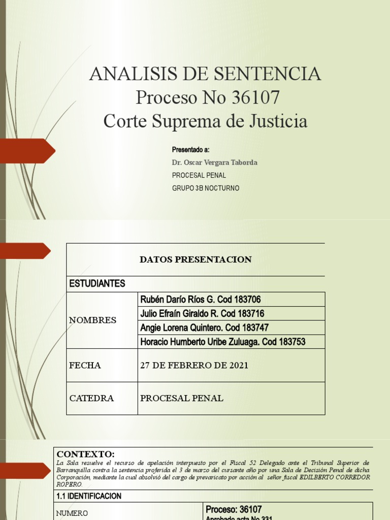 Analisis de Sentecia 36107 CSJ Procesal Penal | PDF | Homicidio ...