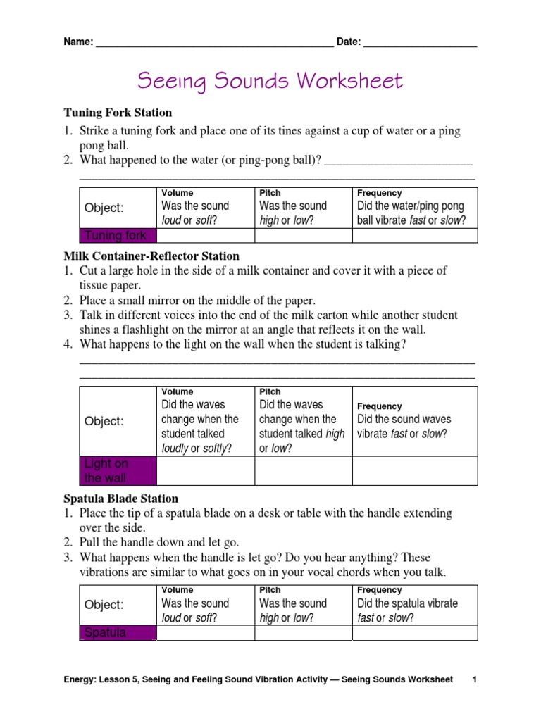 Seeing Sounds Worksheet: Tuning Fork Station | PDF | Sound | Pitch (Music)