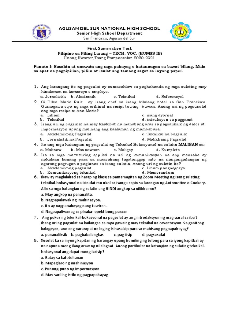 Summative Test Filipino Tech | PDF
