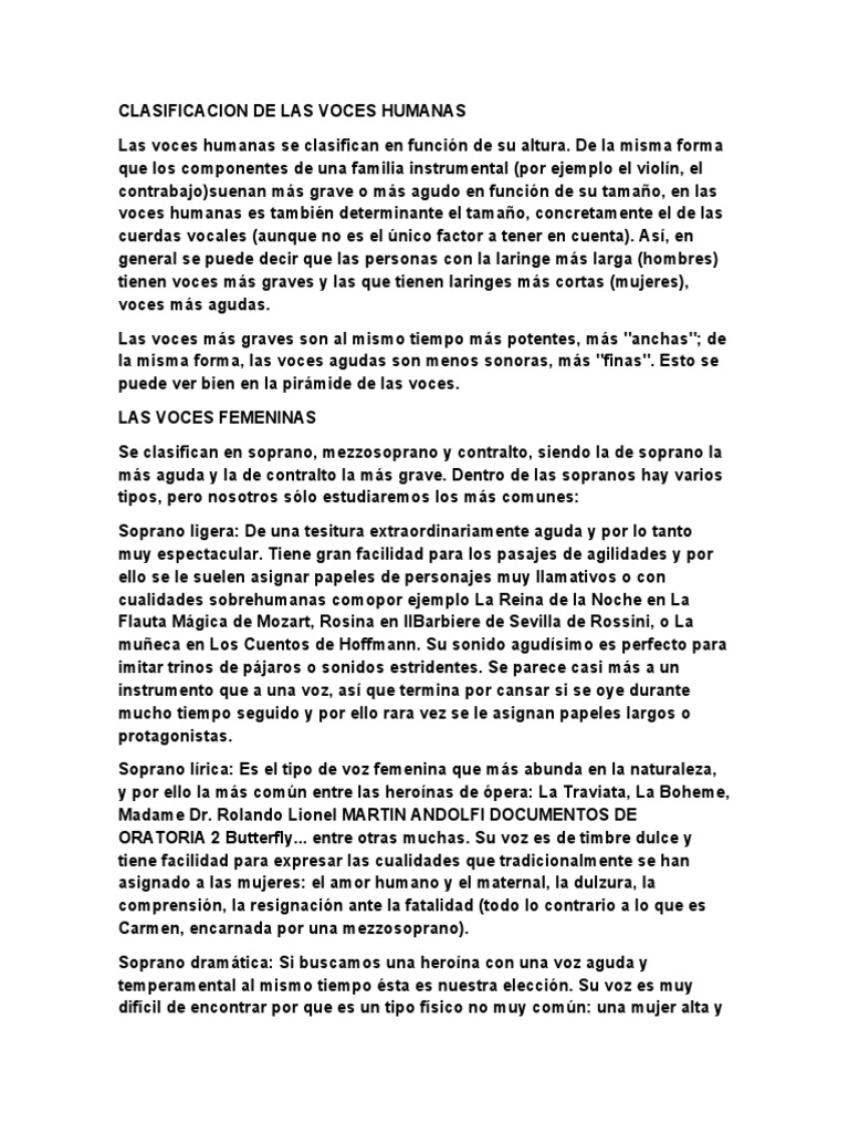 Clasificacion de Las Voces Humanas | PDF | Música vocal | Canto