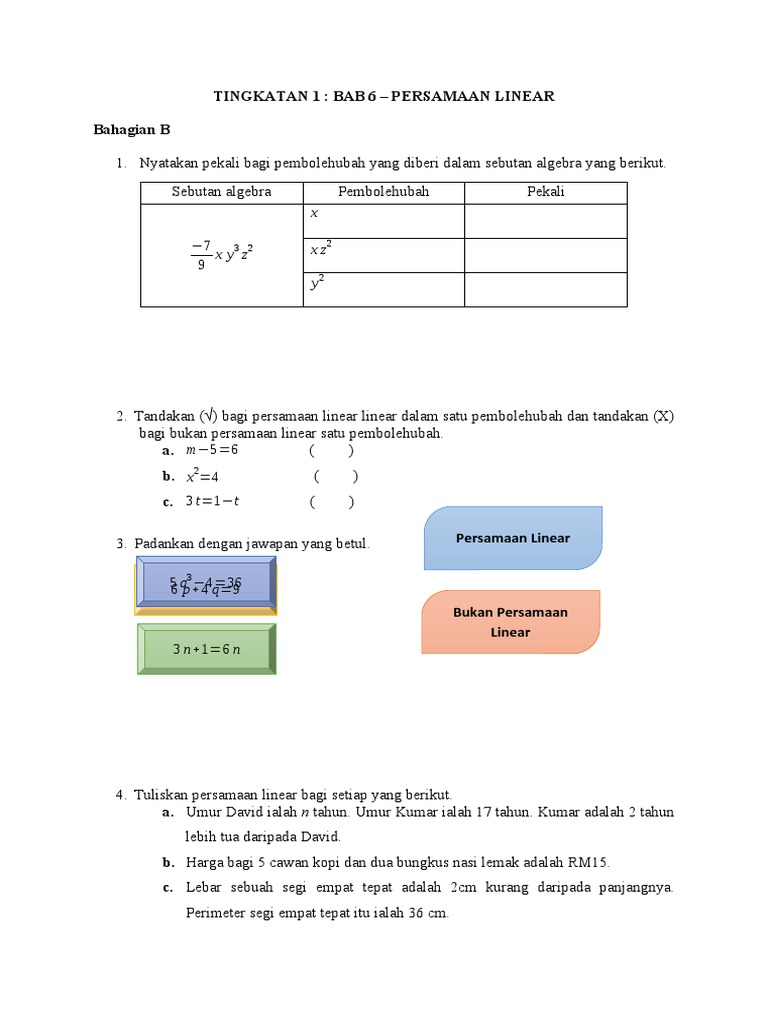 Persamaan Linear Matematik Ting. 1 | PDF