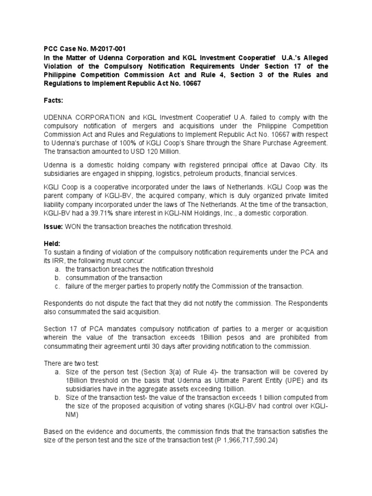 PCC Case No. M-2017-001 | PDF | Mergers And Acquisitions | Justice