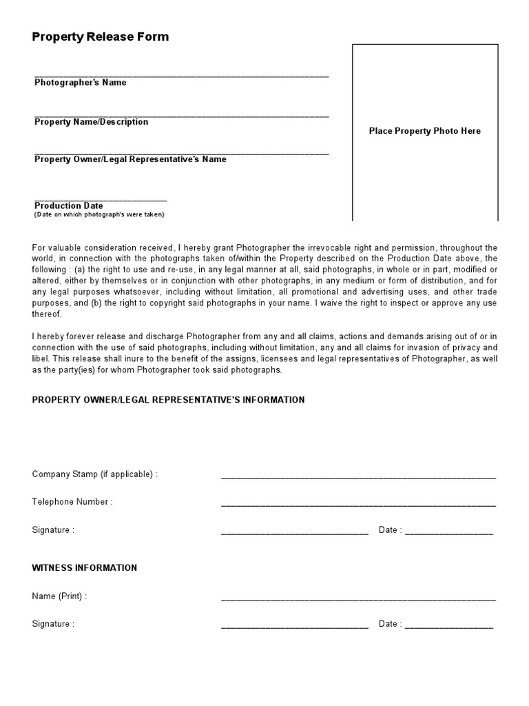 Property Release Form: Photographer's Name | PDF | Business | Finance ...