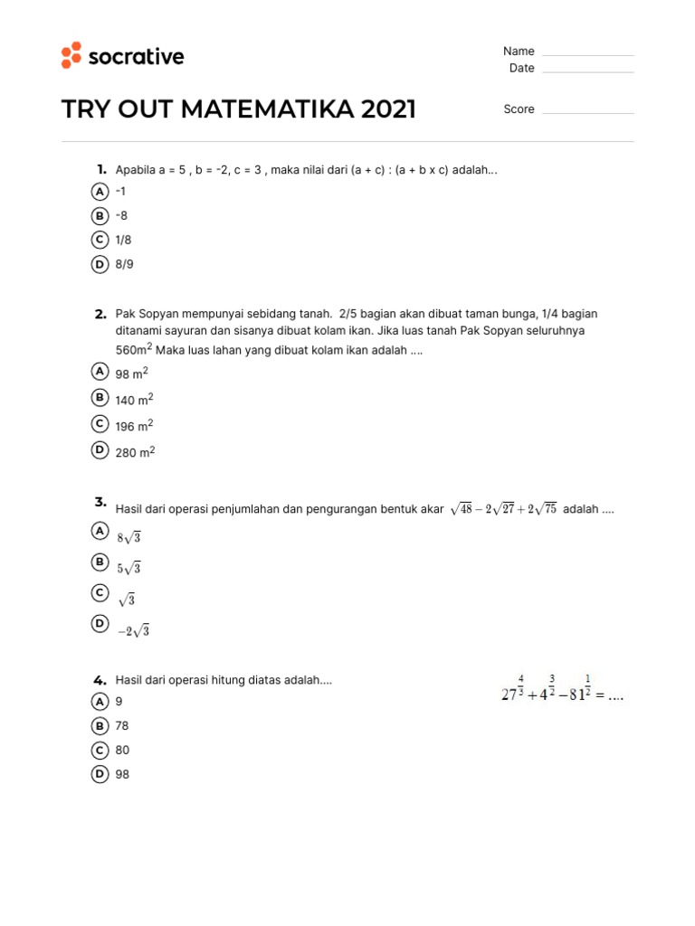 Quiz - Try Out Matematika 2021 | PDF