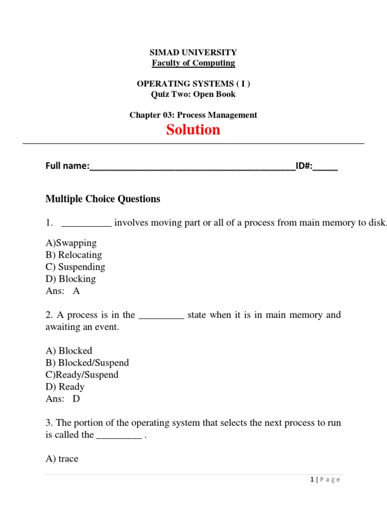 Chapter3:operating System, Quiz With Answers | PDF | Process (Computing ...