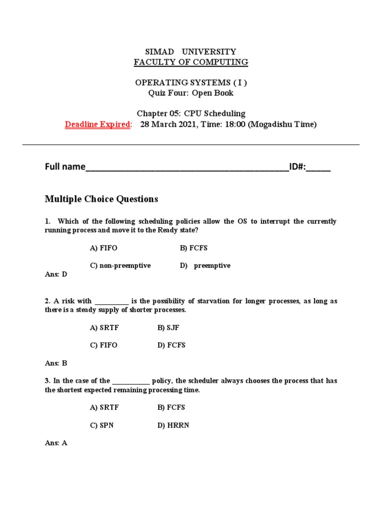 Chapter 5: Operating System, Quiz With Answers | PDF | Scheduling ...