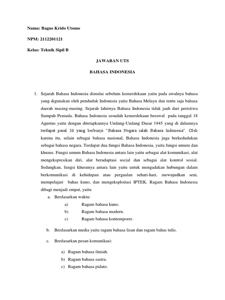 Bagus Krido Utomo - 2112201121 - UTS BAHASA INDONESIA | PDF