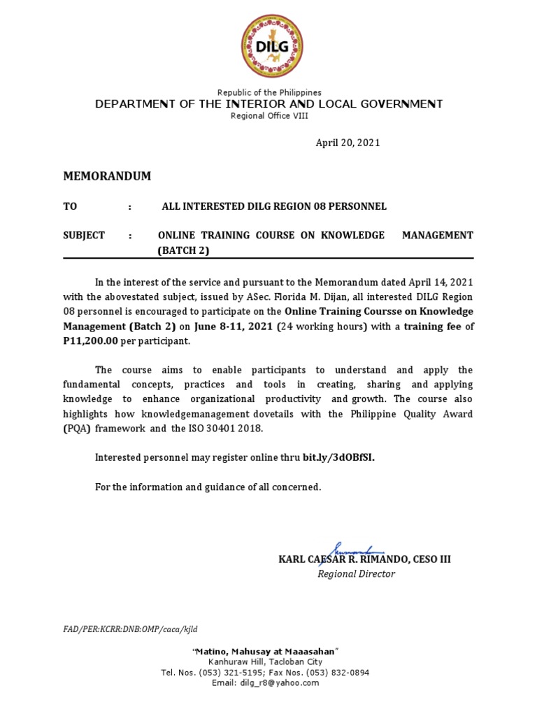 Memo - Online Training On Knowledge Management - Batch 2 | PDF | Career ...