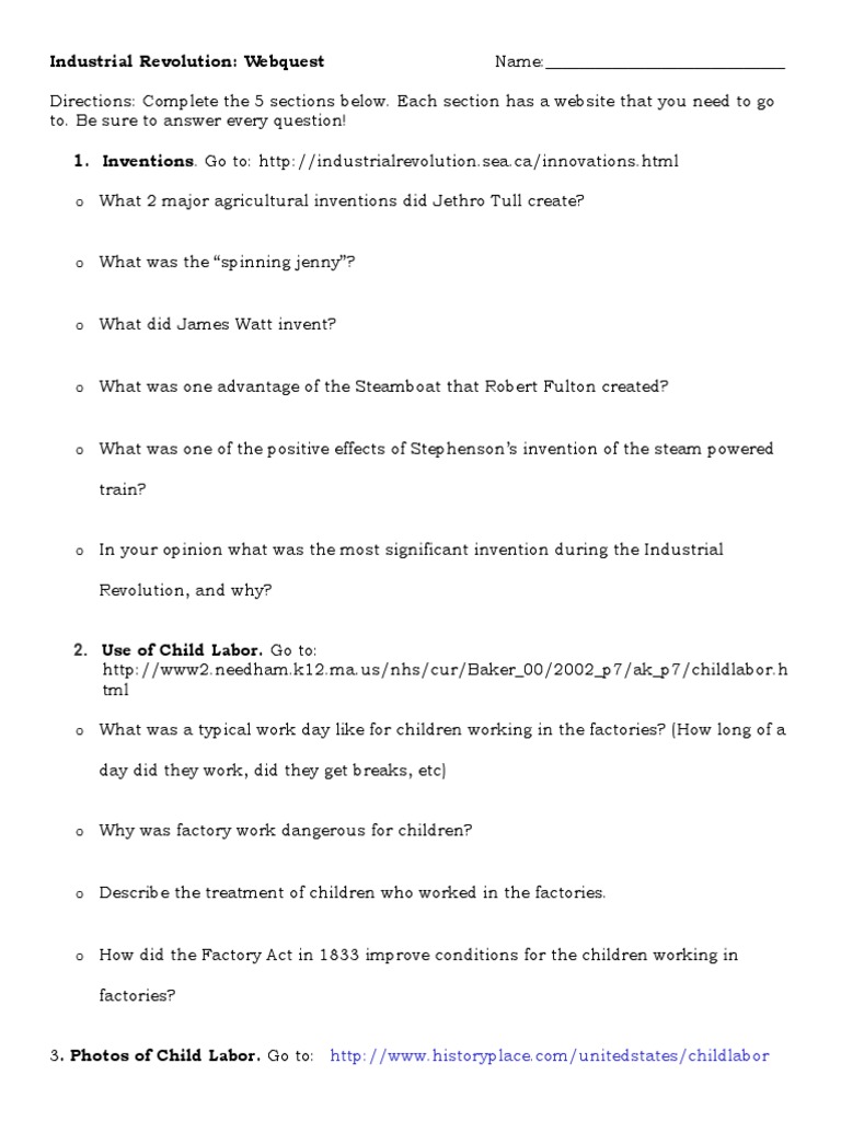 Industrial Revolution Webquest Guide | PDF | Industrial Revolution ...
