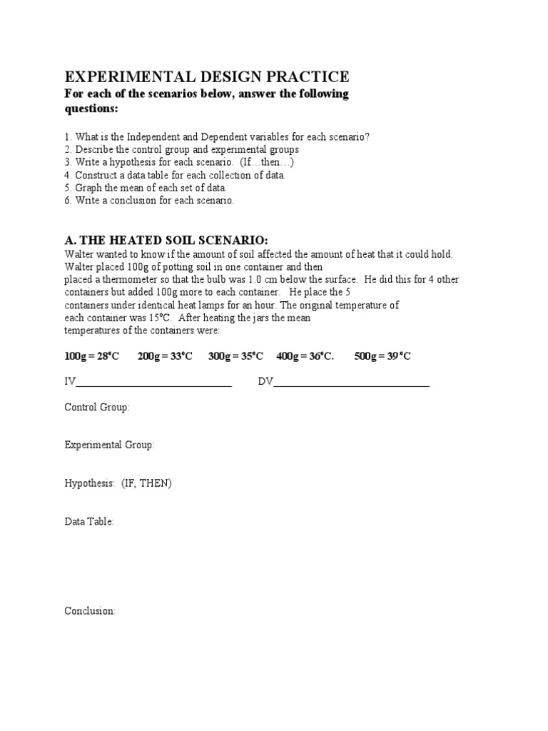 Experimental Design Practice: For Each of The Scenarios Below, Answer ...