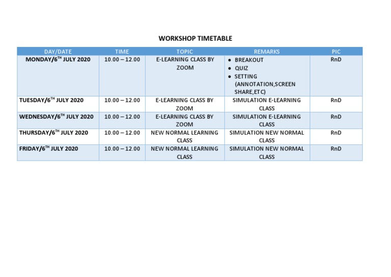 Workshop Timetable July 2020 | PDF